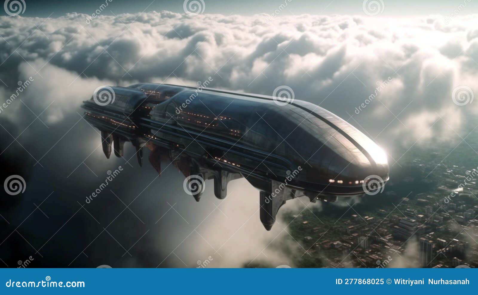 Flying Passenger Train. Futuristic Sci Fi City in Clouds. Concept of ... Flying Passenger Train. Futuristic Sci Fi City in Clouds. Concept of ...