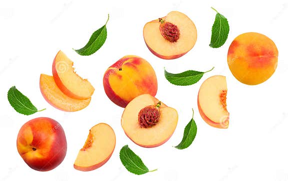 Flying Peach Fruits with Green Leaf and Slices Isolated on White ... Flying Peach Fruits with Green Leaf and Slices Isolated on White ...