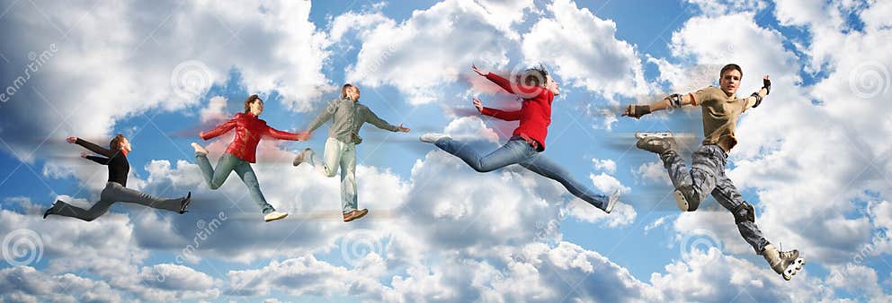 Flying People on Sky Cloud Panorama Collage Stock Photo - Image of ...