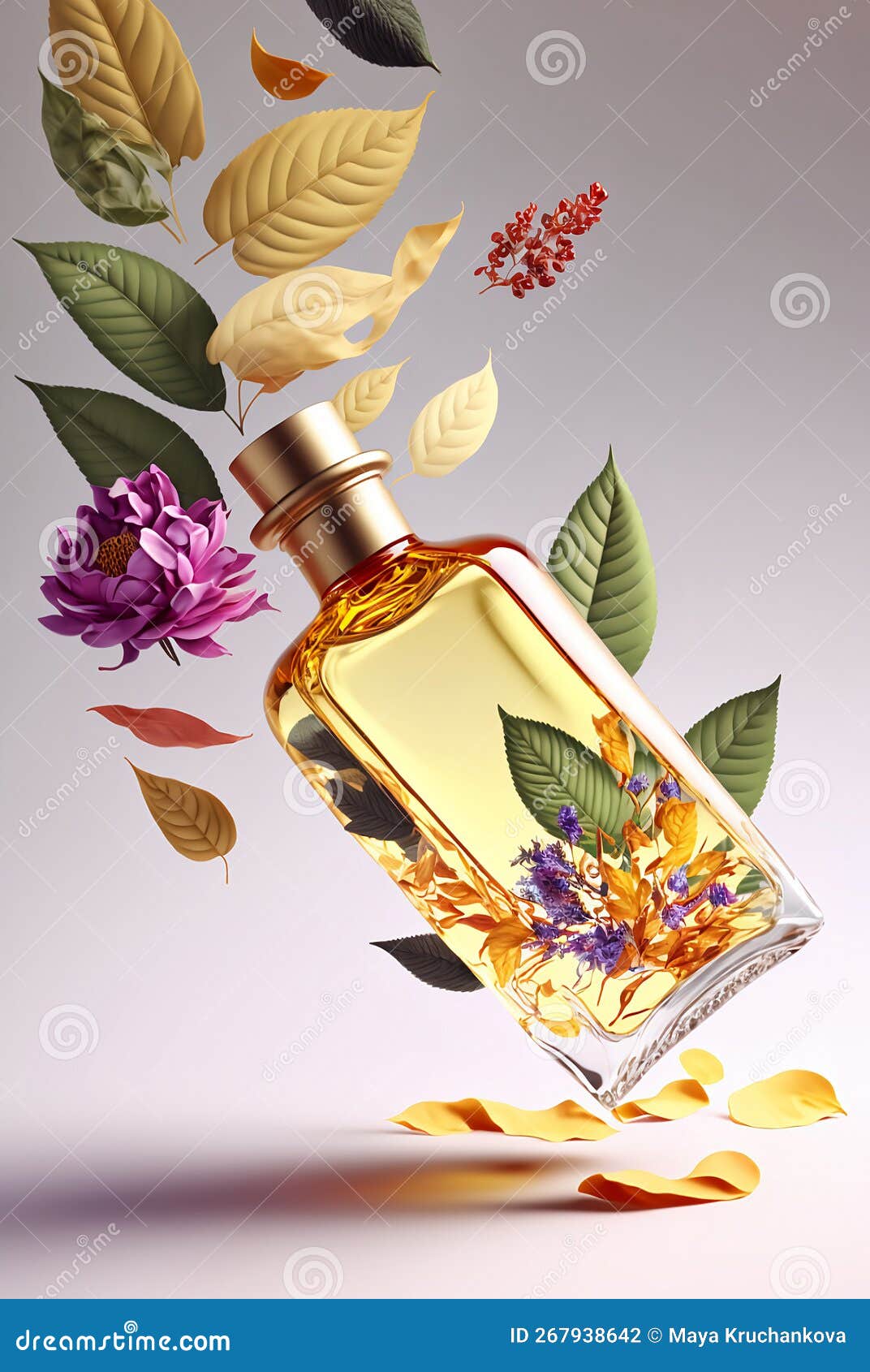 Flying Perfume Bottle with Flowers Flying Around on White Background ...