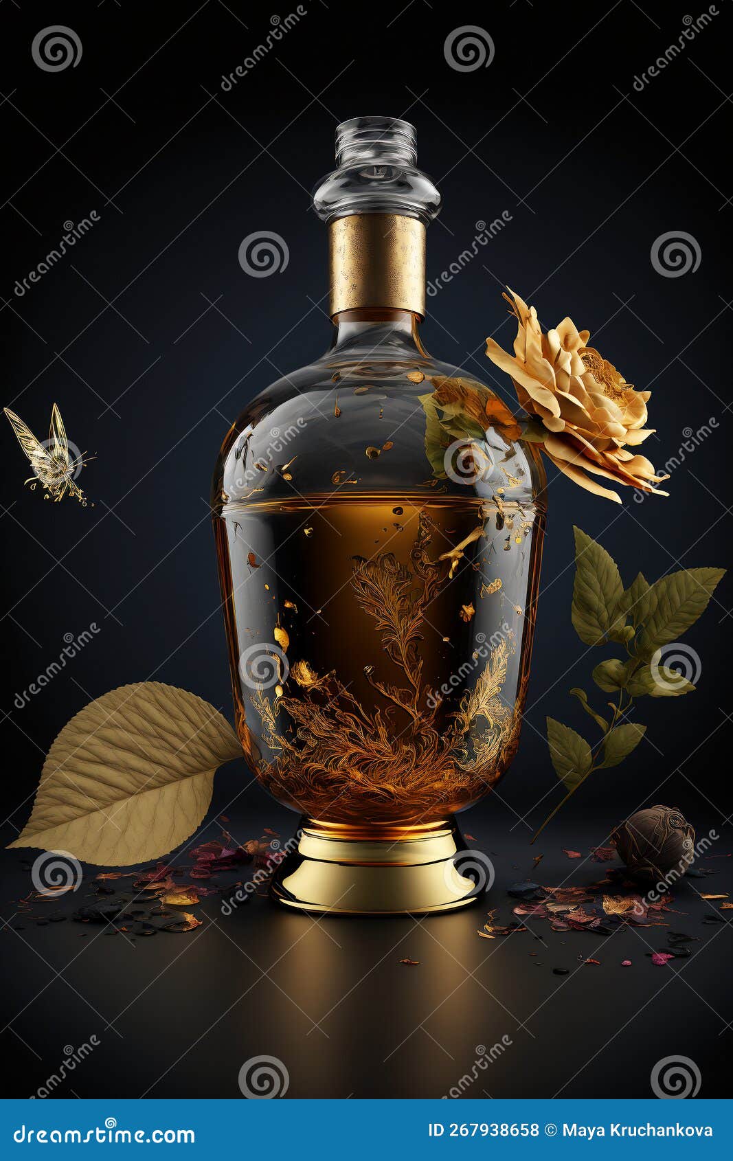 Flying Perfume Bottle with Leaves and Flowers Around on Black ...