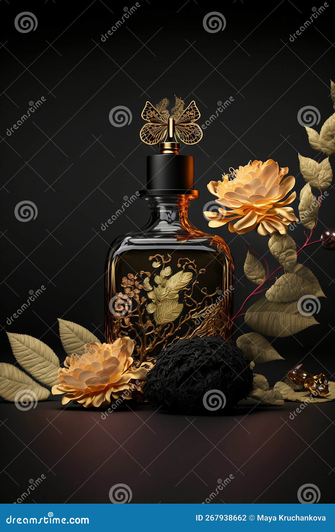 Flying Perfume Bottle with Leaves and Flowers Around on Black ...