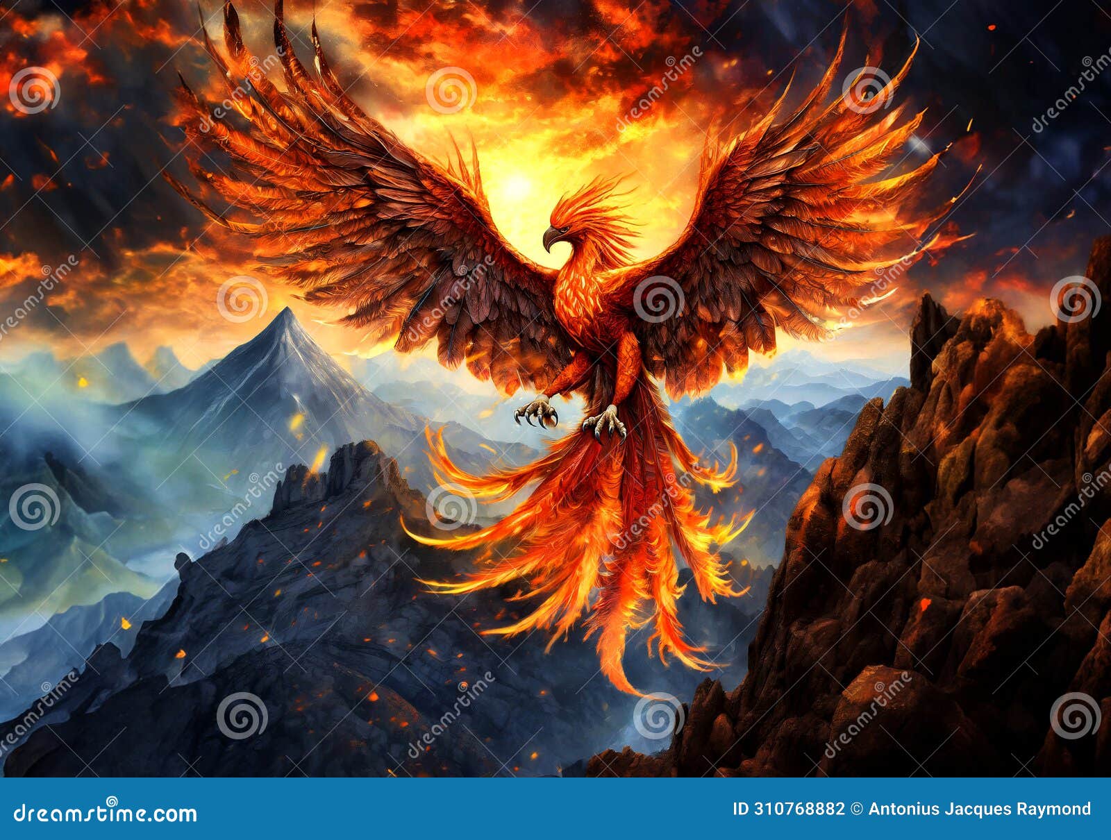 Flying Phoenix with Open Wings Surrounded with Fire and Rocky Mountain ...