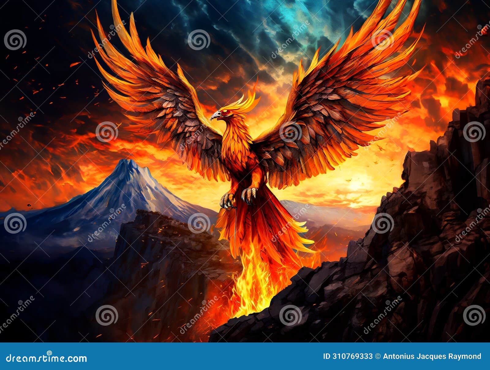 Flying Phoenix with Open Wings Surrounded with Fire and Rocky Mountain ...