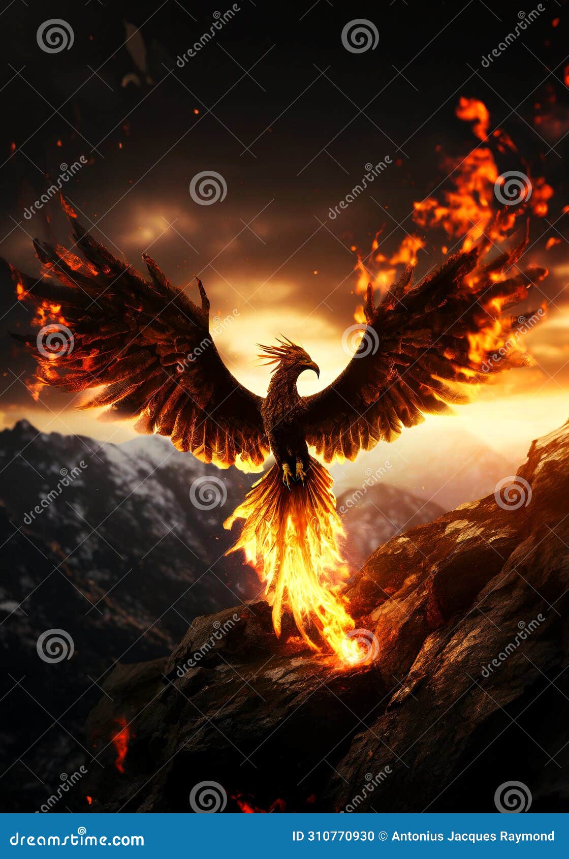Flying Phoenix with Open Wings Surrounded with Fire and Rocky Mountain ...
