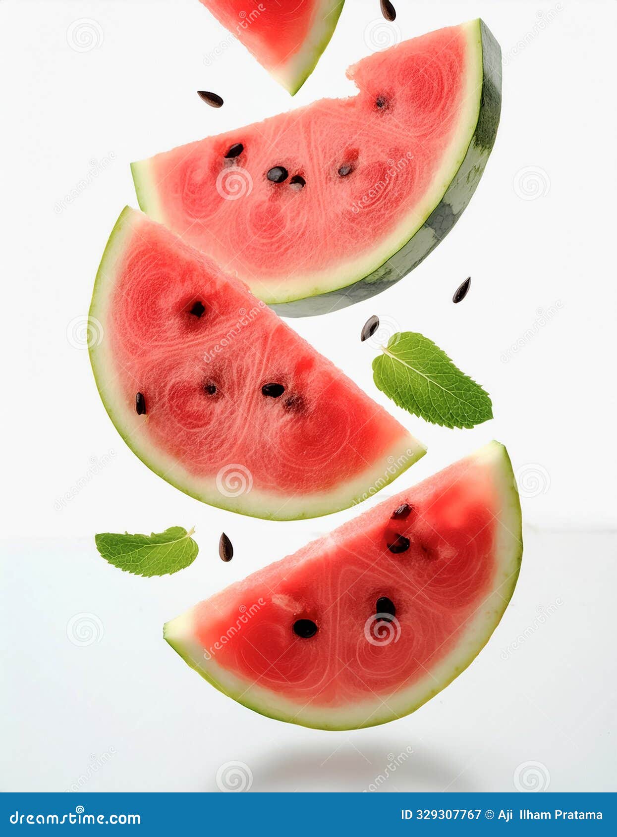 Flying Pieces of Fresh Watermelon with Mint and Seeds Isolated on White ...