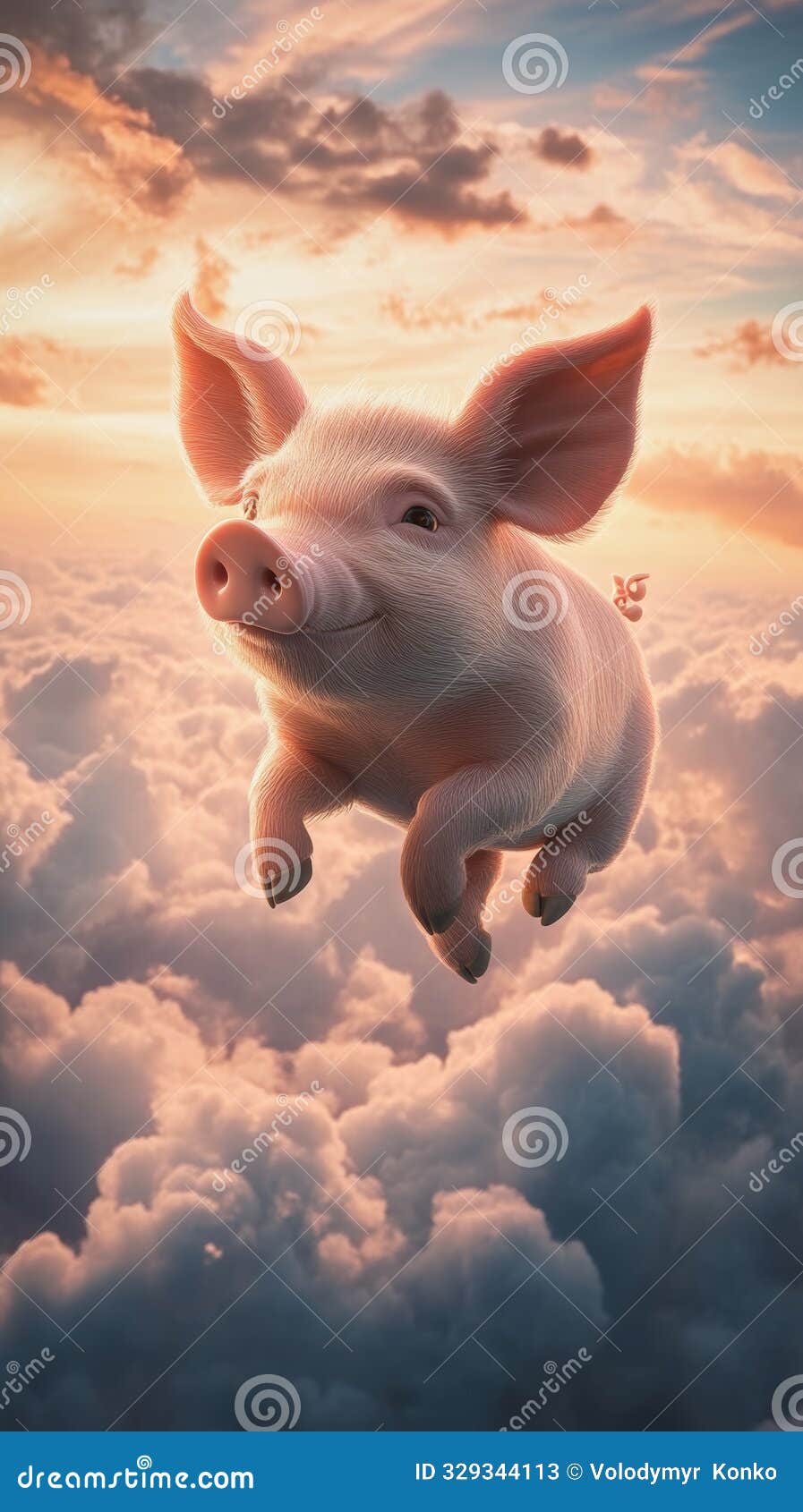 Flying Piglet Above Clouds at Sunset, Whimsical Fantasy Concept Stock ...