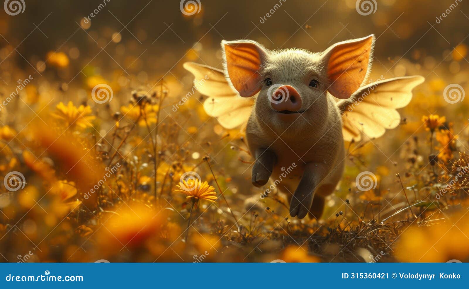 Flying Piglet with Wings in a Flower Field during Sunset Stock Image ...