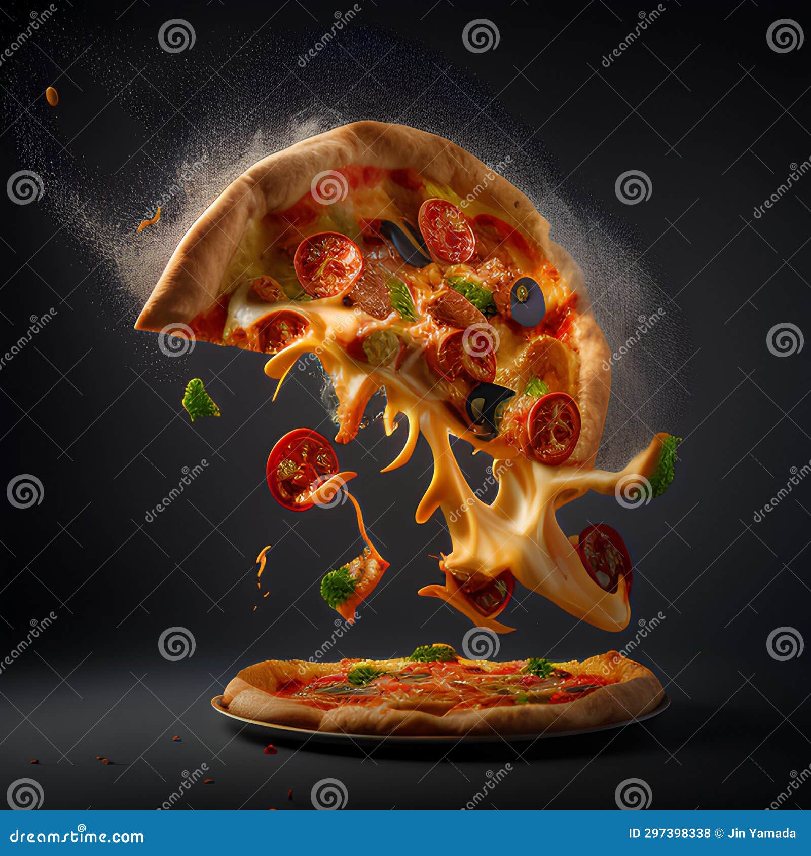 Flying Pizza with Flying Ingredients Isolated on Black Background. 3d ...
