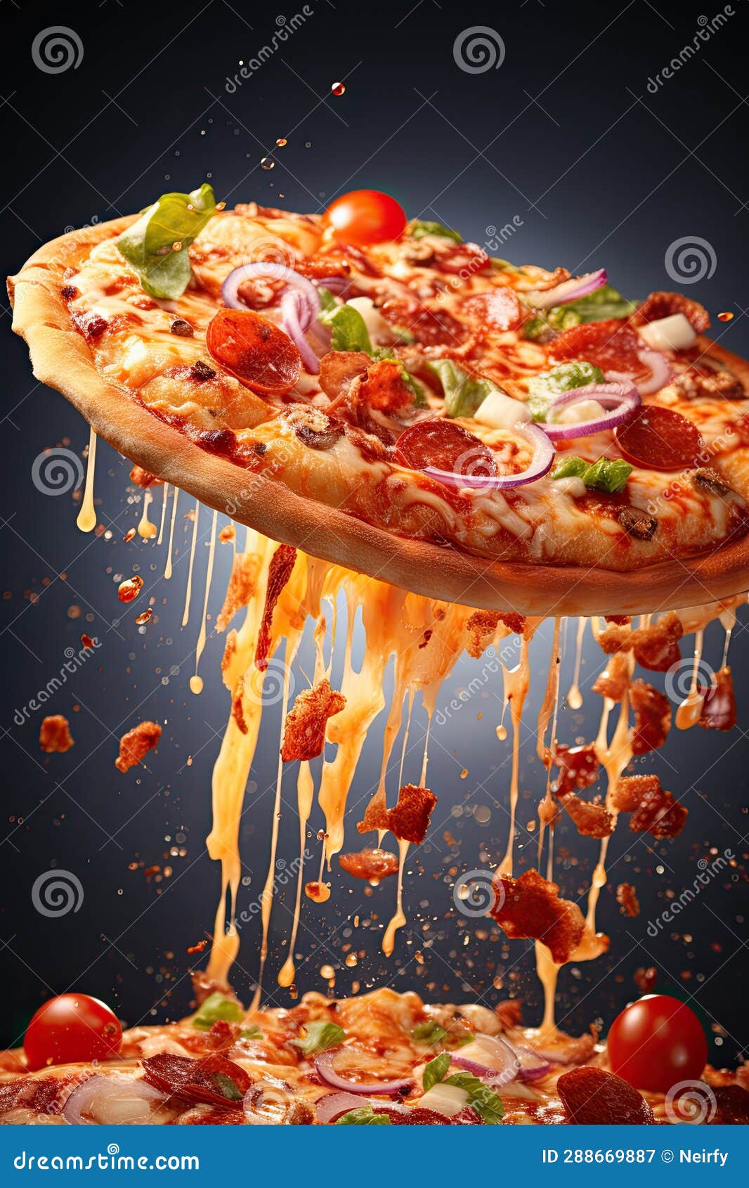 Flying pizza stock image. Image of slice, meat, indoors - 288669887