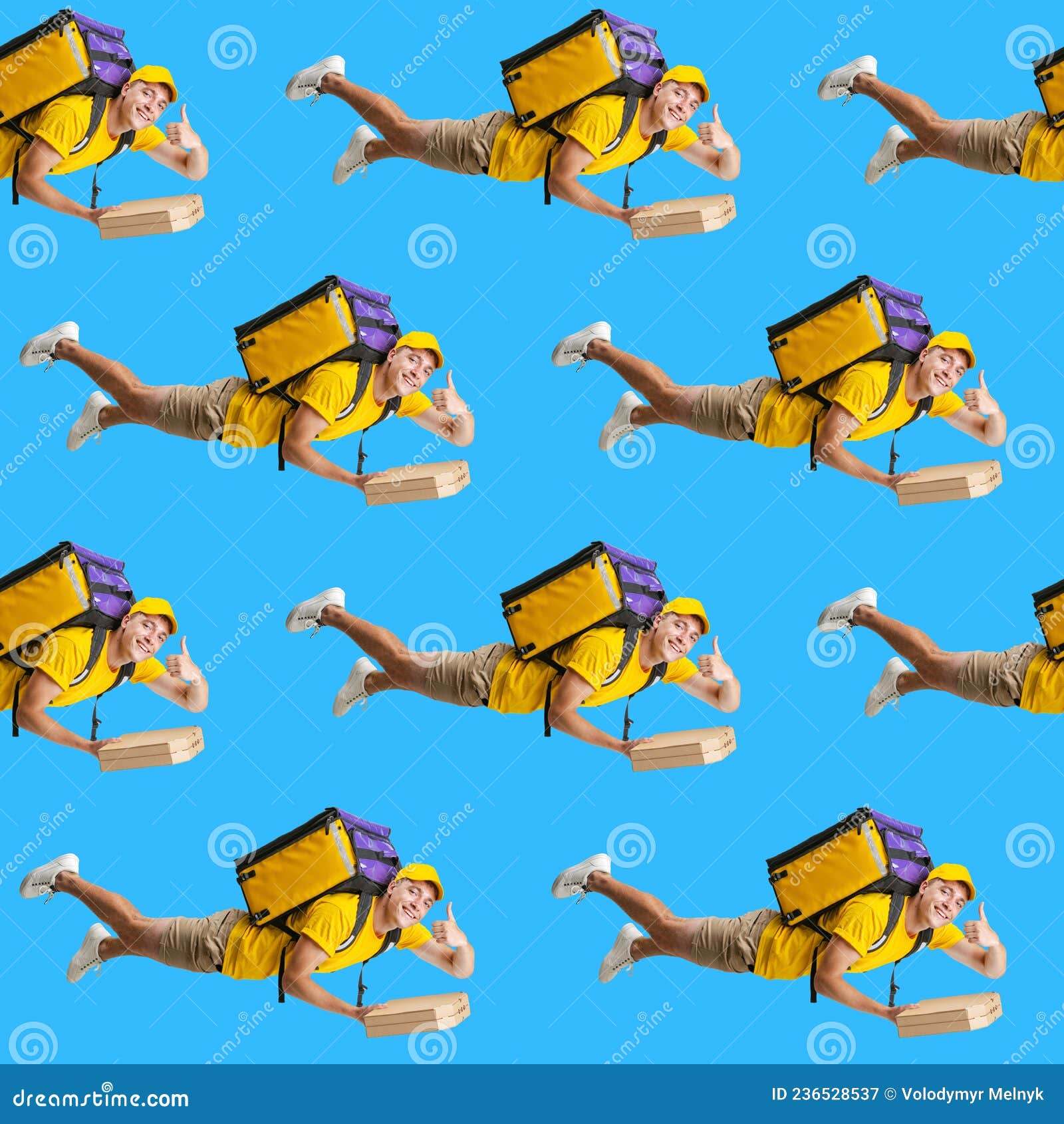 Seamless Pattern Made of Portraits of Flying Delivery Man in Yellow ...