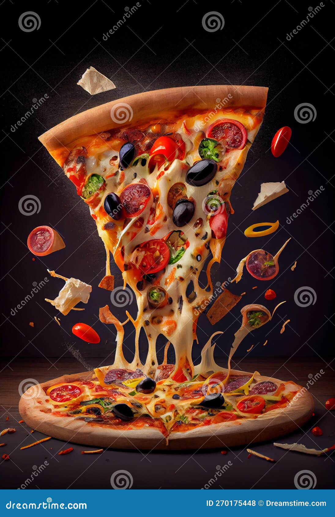 Flying Pizza Slice with Melted Cheese and Vegetables. Generative AI ...