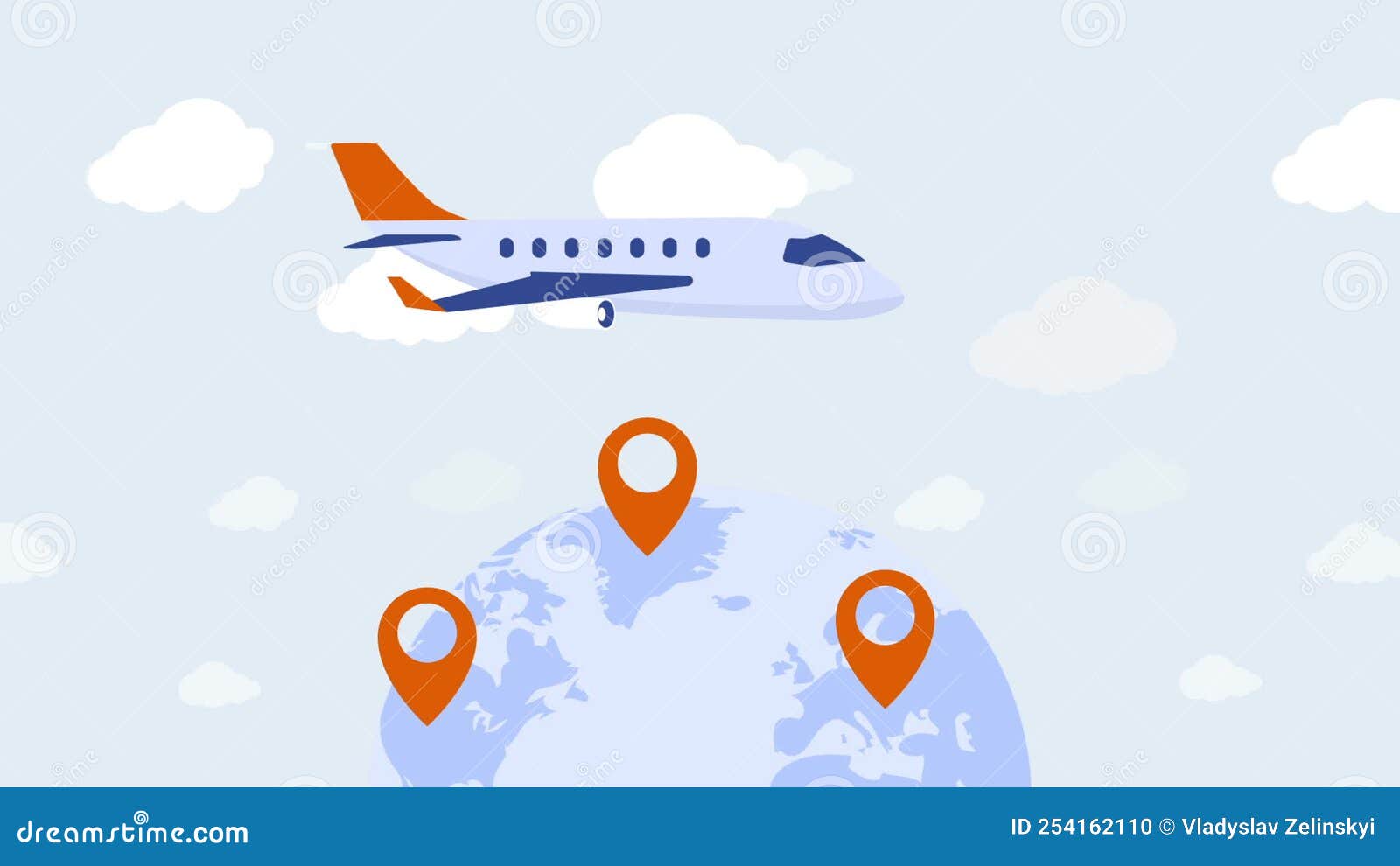 Flying Plane, Flying Clouds, Pins on the Earth. Stock Footage - Video ...