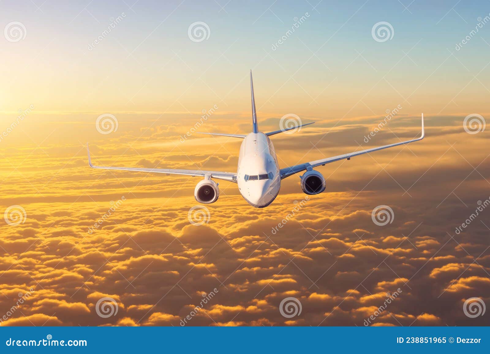 Flying Plane in the Sky at Sunset, Straight View Stock Image - Image of ...