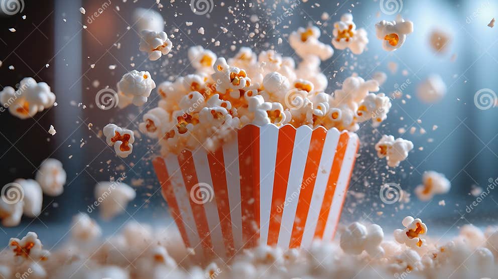 Flying Popcorn. Popcorn Inside Exploding Striped Packaging Stock Photo ...