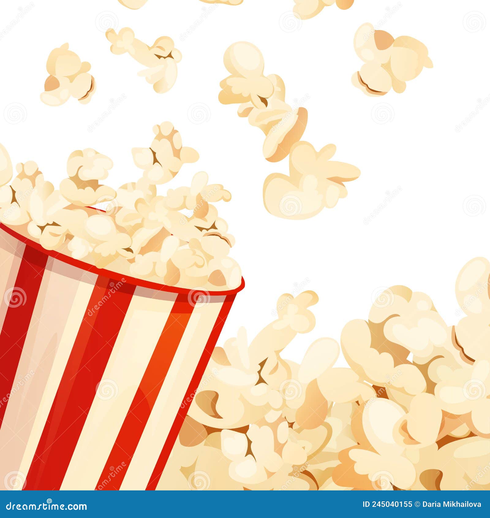 Flying Popcorn in Striped Red Box. Cartoon Vector Illustration. Stock ...