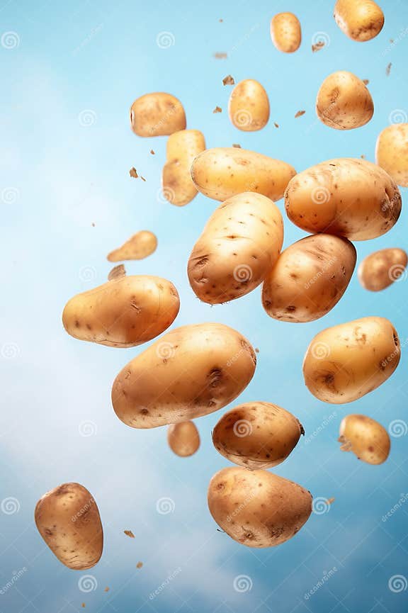 Flying Potatoes on Blue Background. Stock Photo - Image of health ...