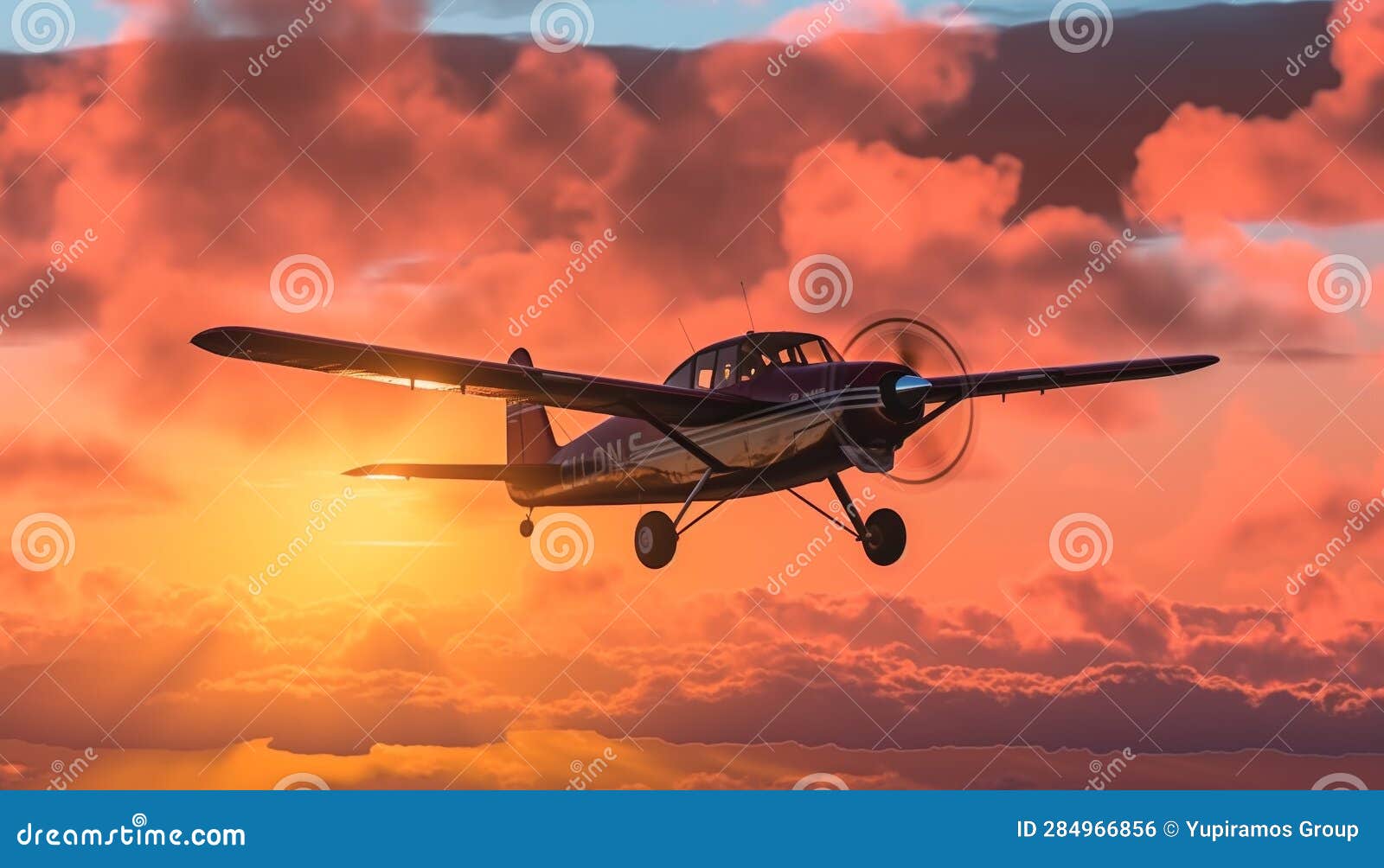 Flying Propeller Airplane in Sunset Sky, Nature Speed and Technology ...
