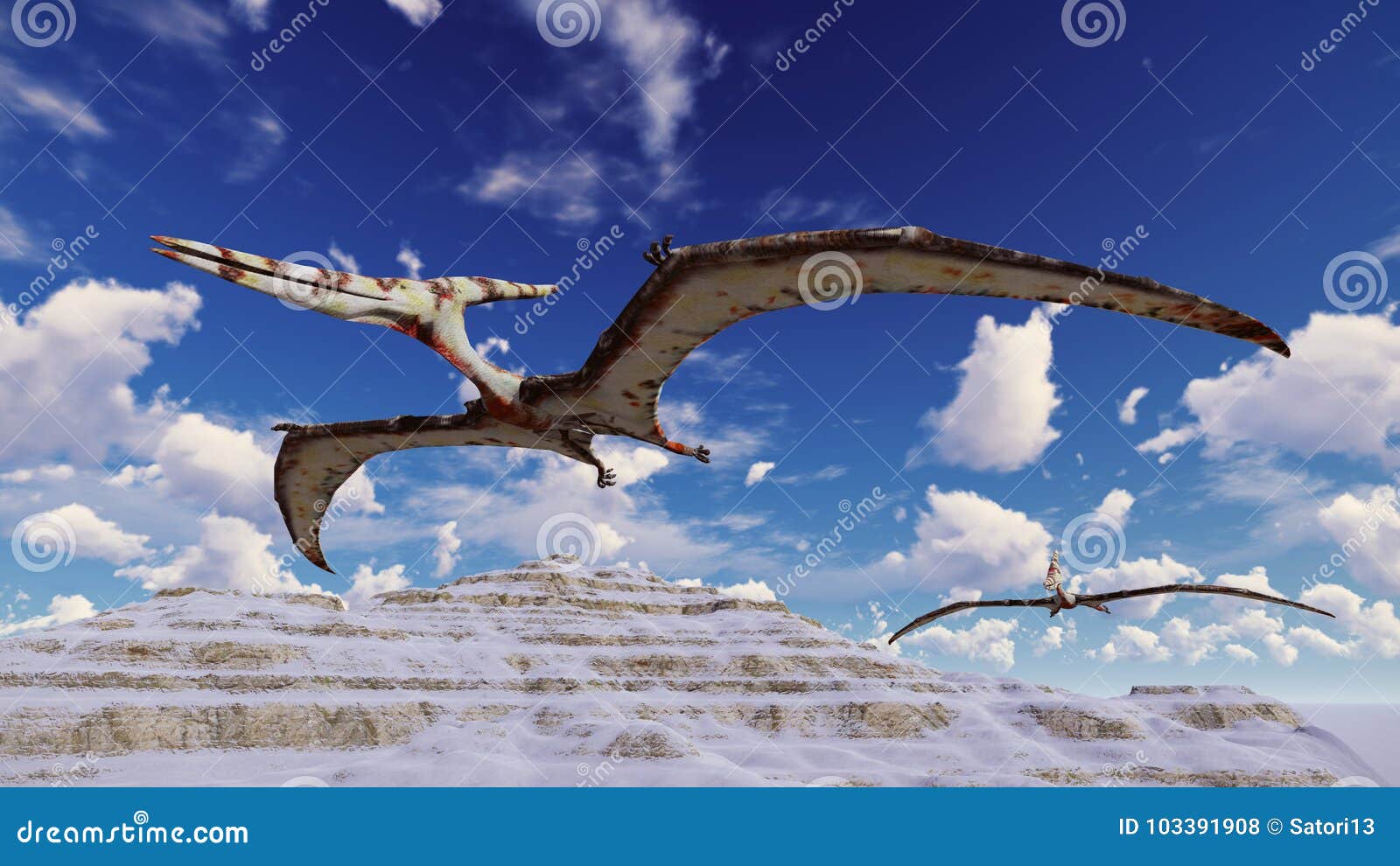Flying Pterodactyl Against the Beautiful Cloudscape 3d Illustration ...