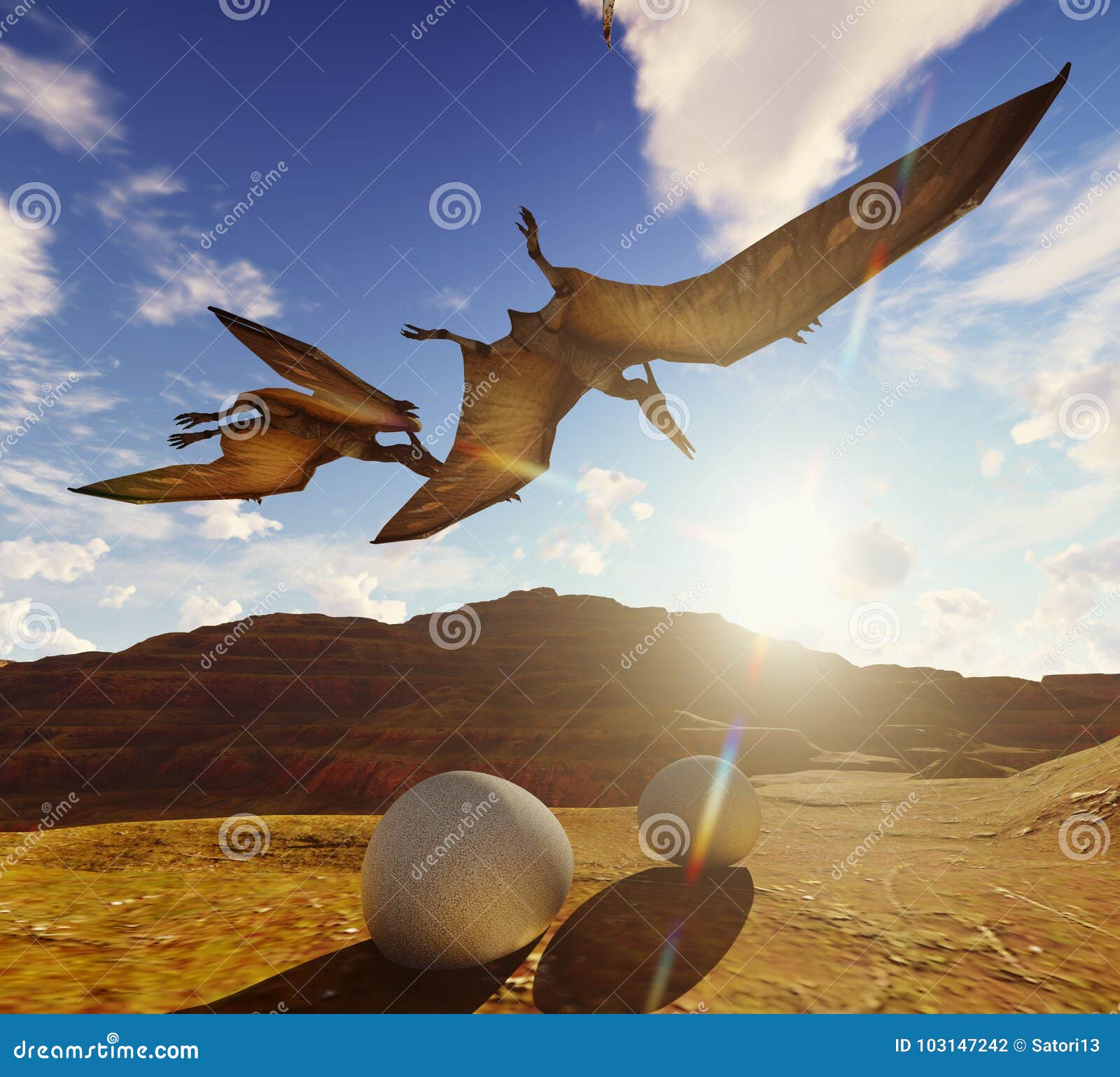 Flying Pterodactyl Against the Beautiful Cloudscape 3d Illustration ...