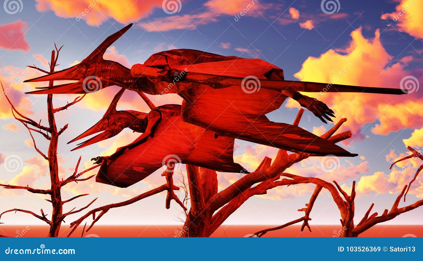 Flying Pterodactyl Against the Beautiful Cloudscape 3d Illustration ...