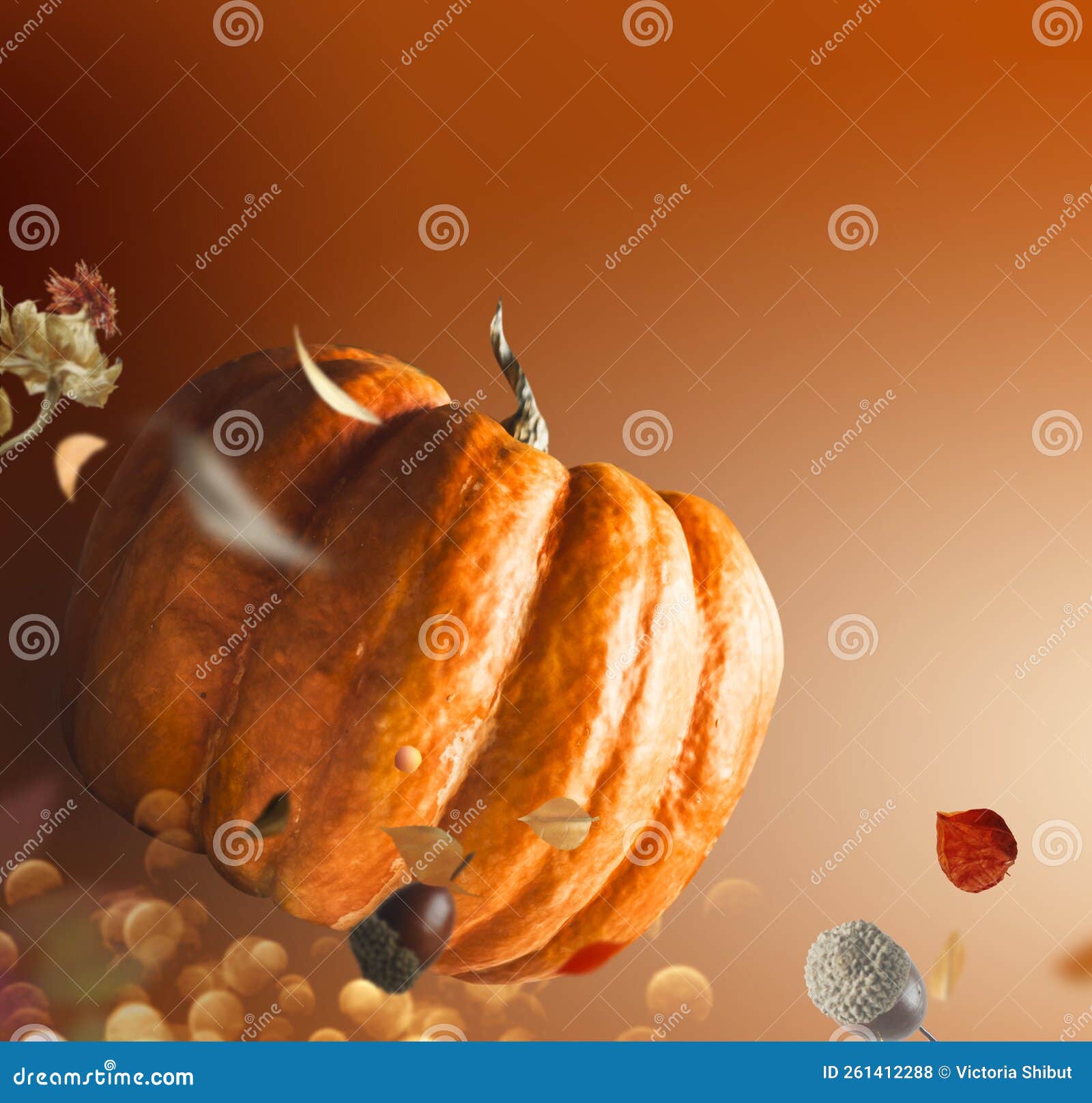 Flying Pumpkin with Falling Leaves on Brown Background Stock Photo ...