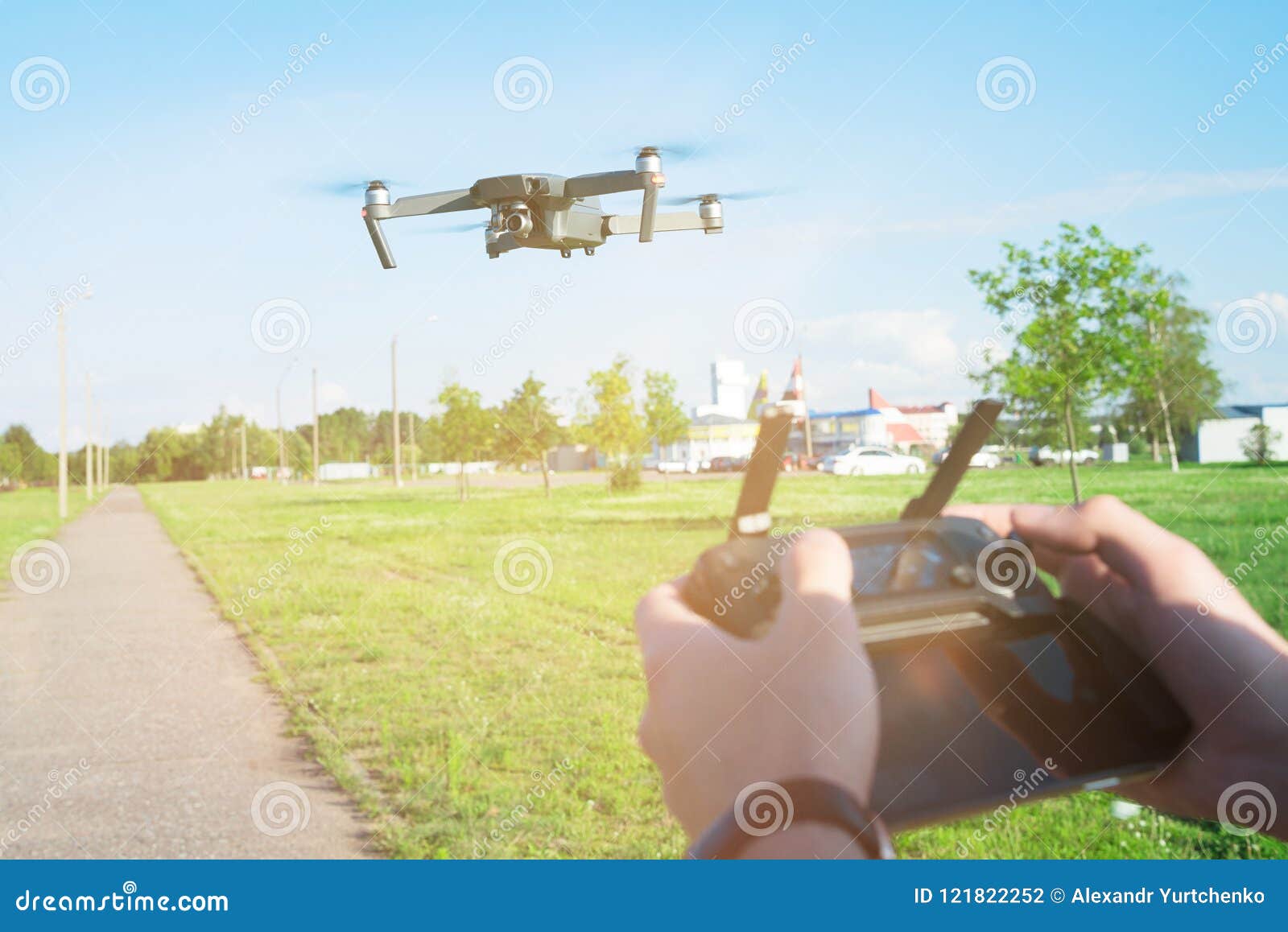 Flying quadcopter drone stock photo. Image of hobby - 121822252