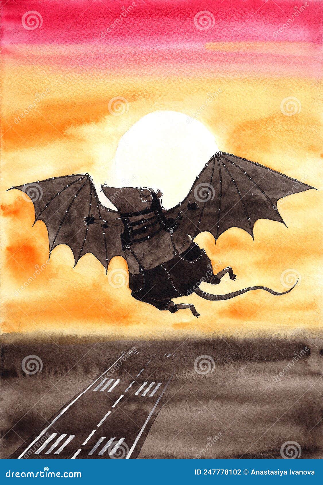 Flying Rat with Wings on the Sunset. Multicolored Vertical Graphic Hand ...