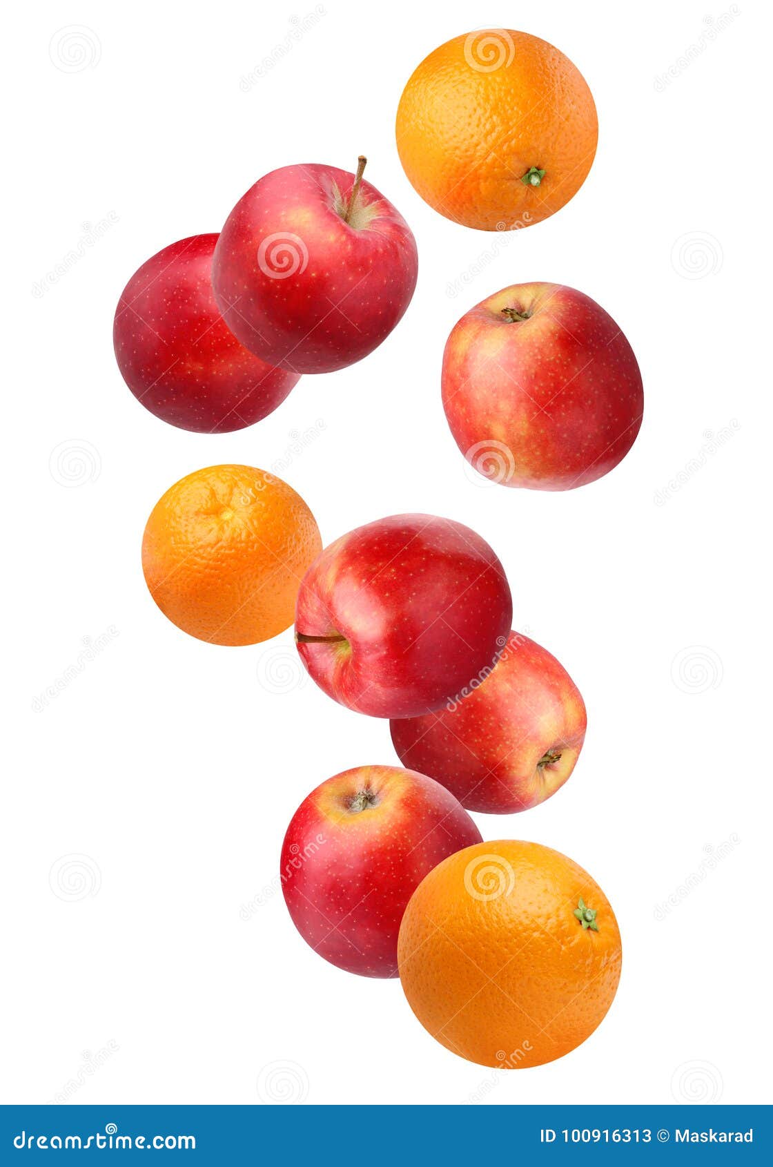 Flying Red Apples and Oranges, Isolated on White. Stock Image - Image ...