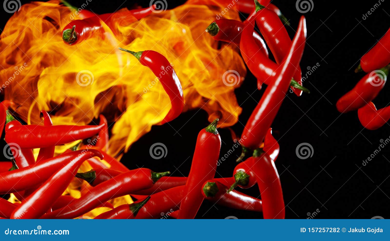 Flying Red Hot Chilli Peppers with Flames Stock Photo - Image of ...