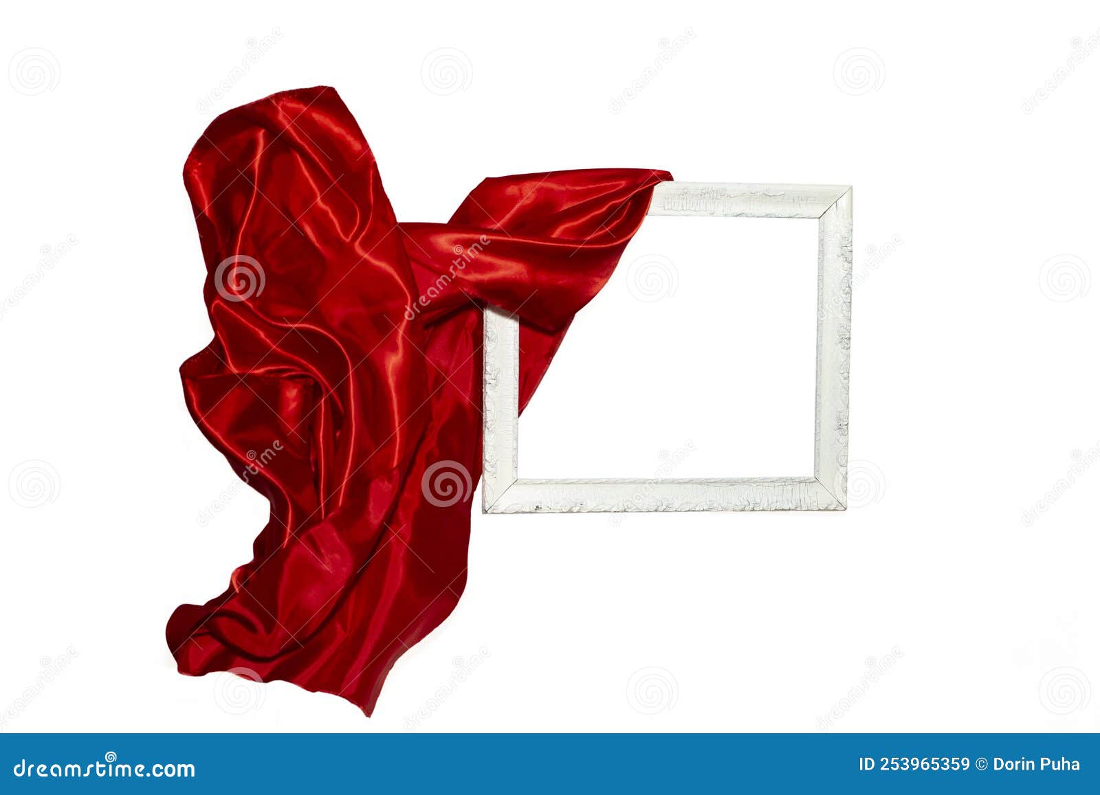 Flying Red Satin Cloth Unveiling a White Vintage Frame Stock Image ...