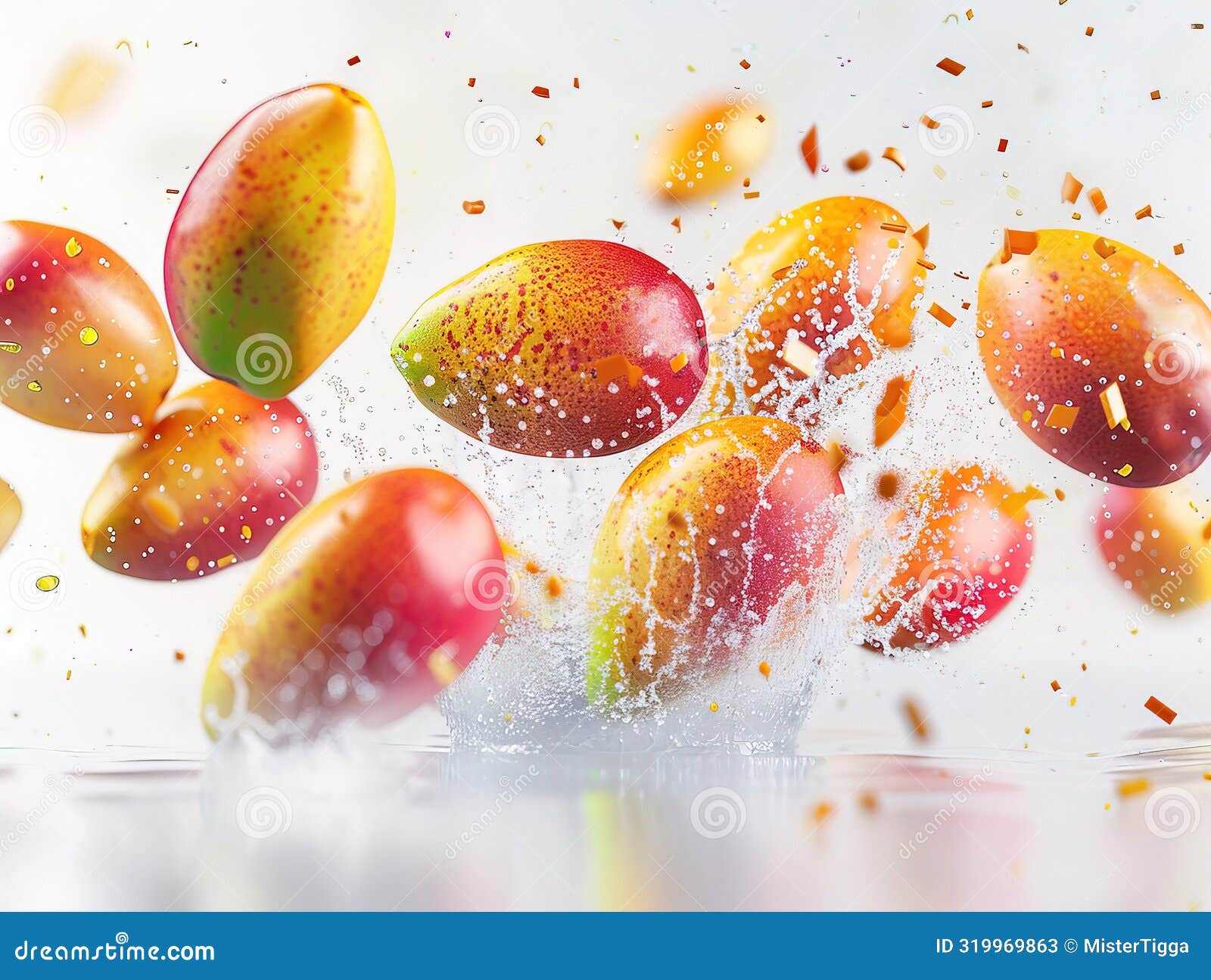 Flying Ripe Mango with Green Leaves Isolated on White Background. Mango ...