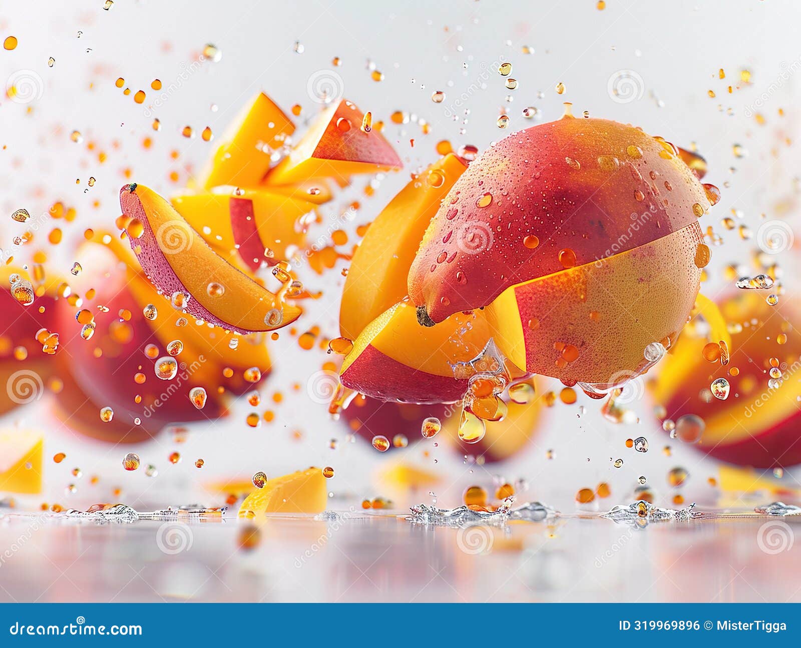 Flying Ripe Mango with Green Leaves Isolated on White Background. Mango ...