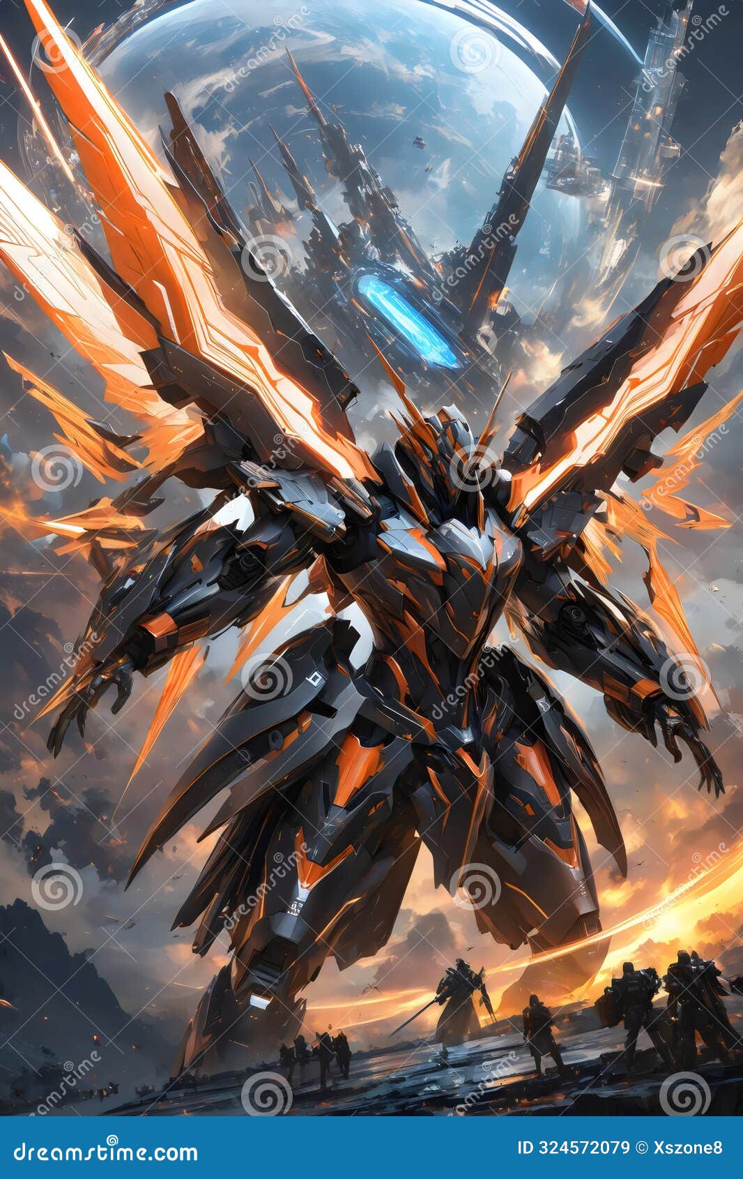 Flying Robot Hero with a Fiery Background Stock Illustration ...