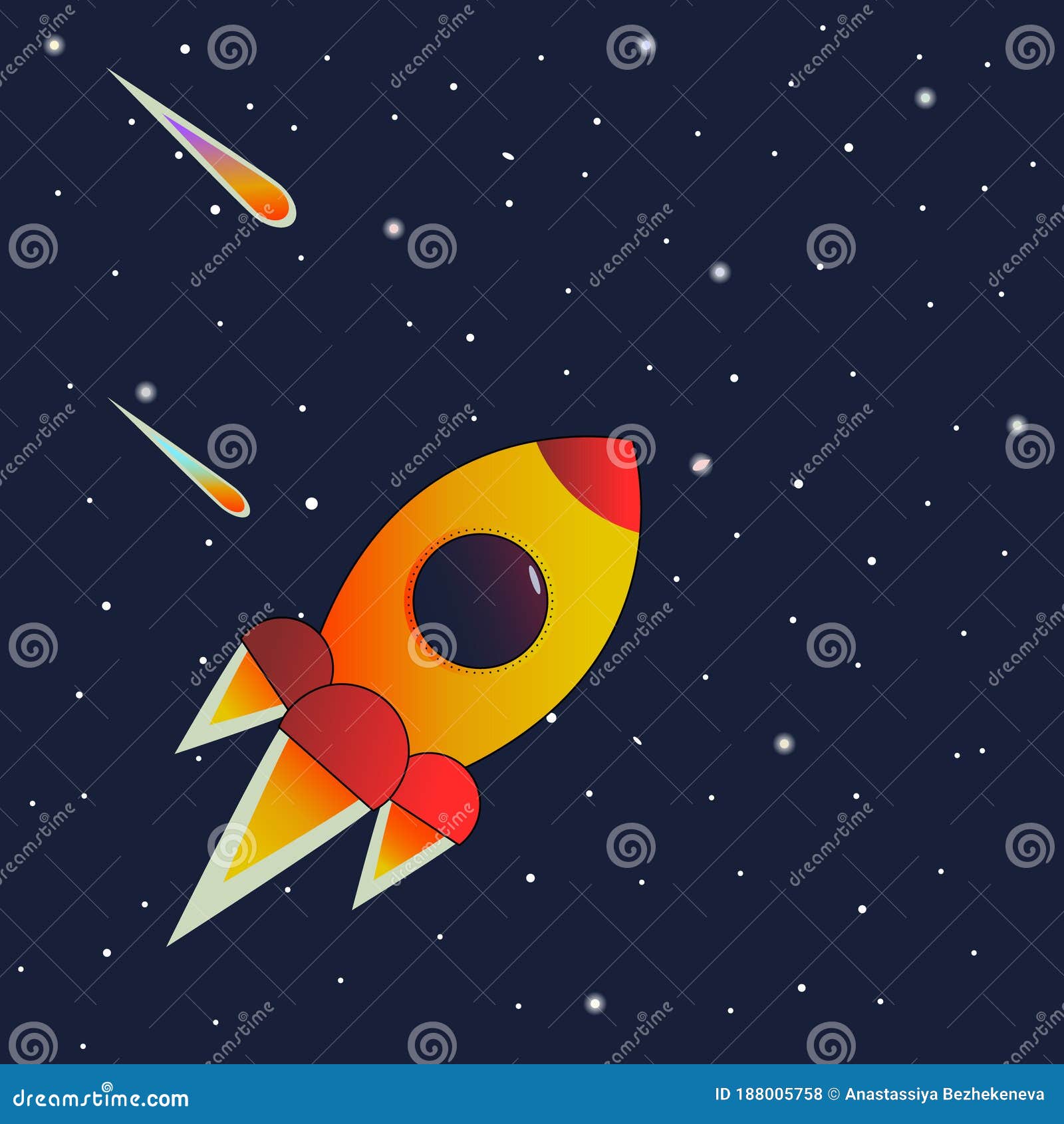 Flying Rocket in the Background of Stars and Falling Comets Vector ...
