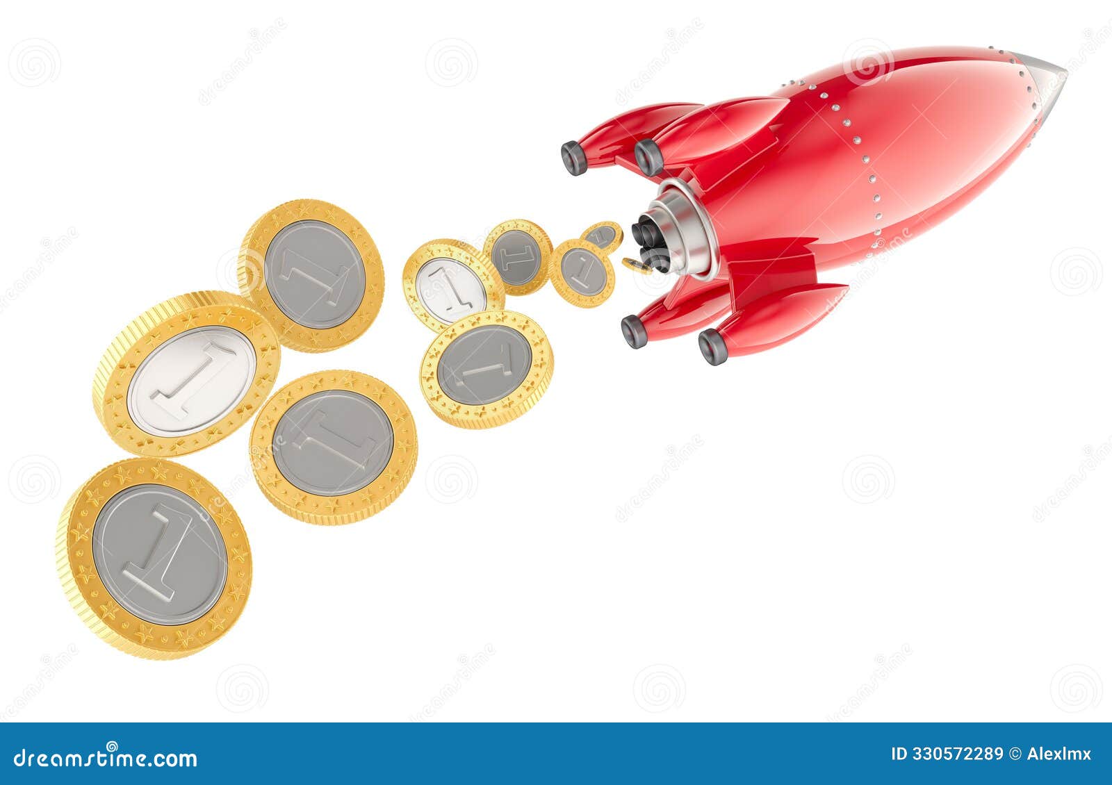 Flying Rocket Ship with Golden Coins Falling Out. 3D Rendering Stock ...