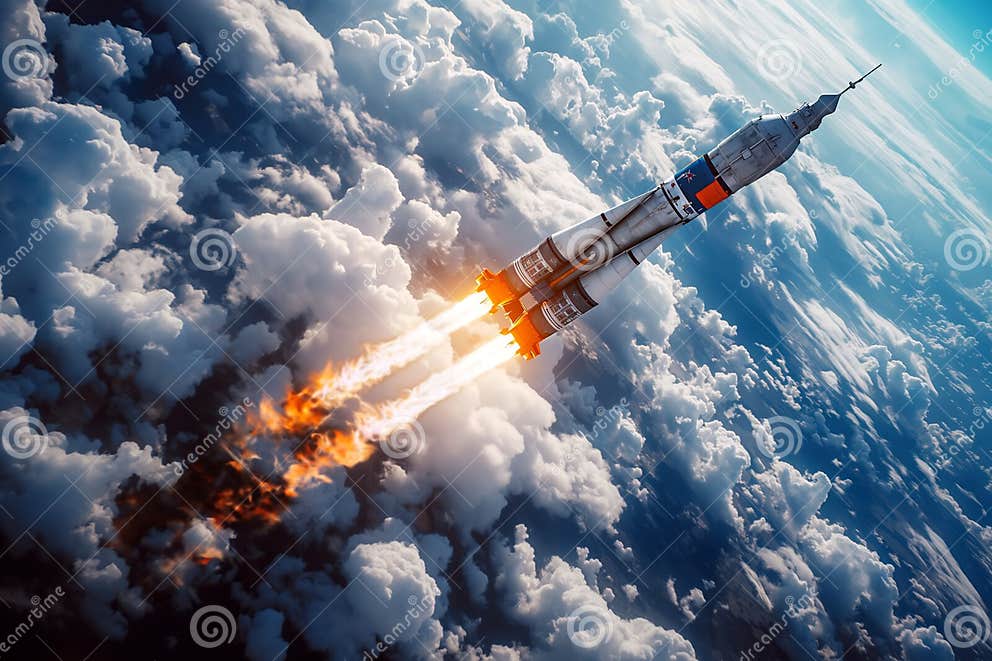 Flying Rocket into Space Against Background of a Blue Sky with Clouds ...