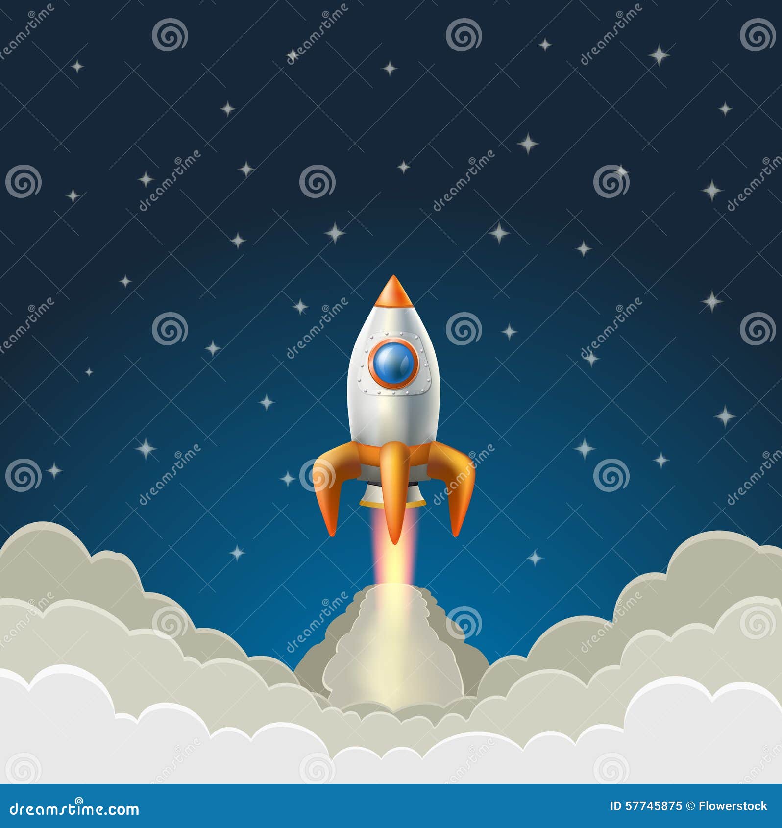 Flying Rocket on a Starry Blue Background Stock Vector - Illustration ...