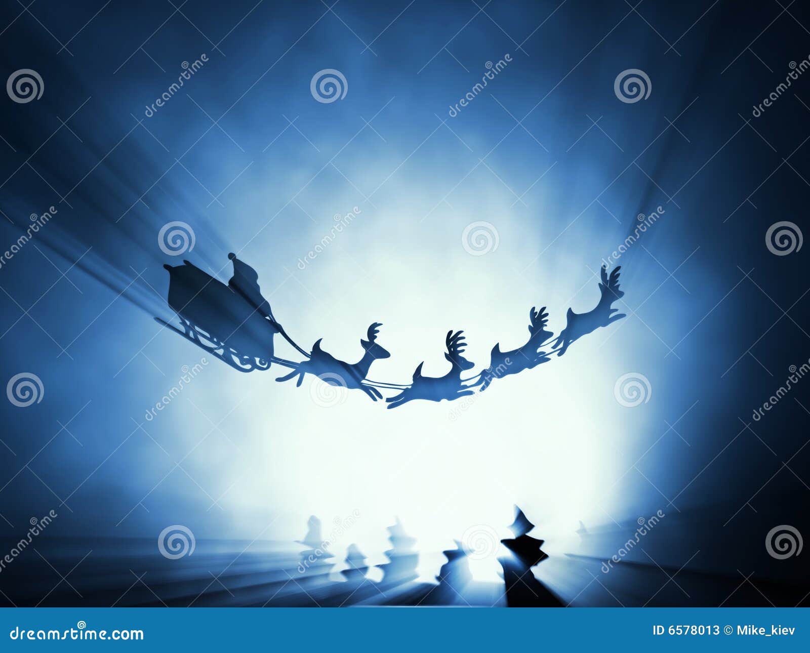 Flying Santa On Night Sky In City Town Scenery In The Winter With Homes ...