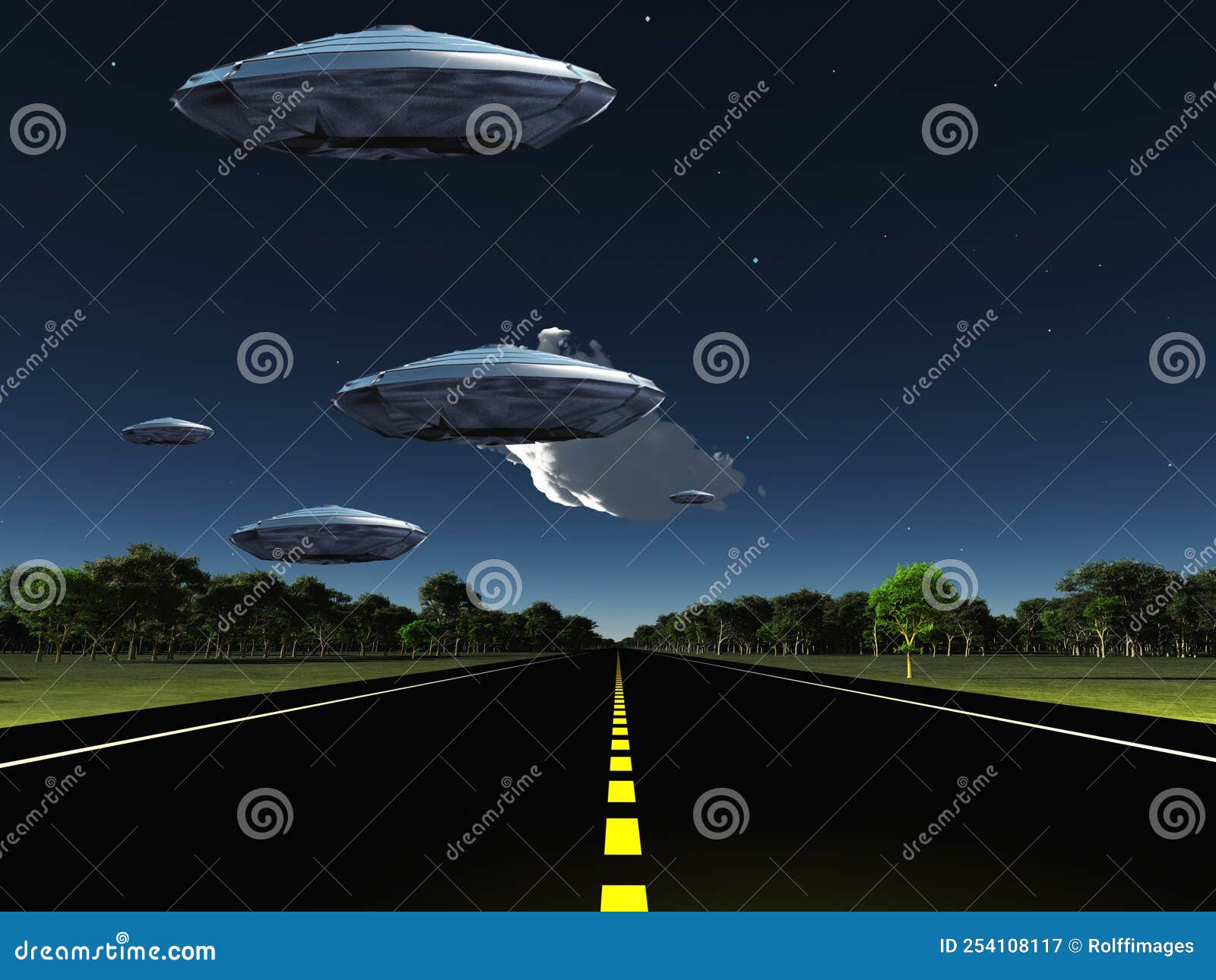 Flying Saucers Over The Valley At Night Royalty-Free Stock Photography ...