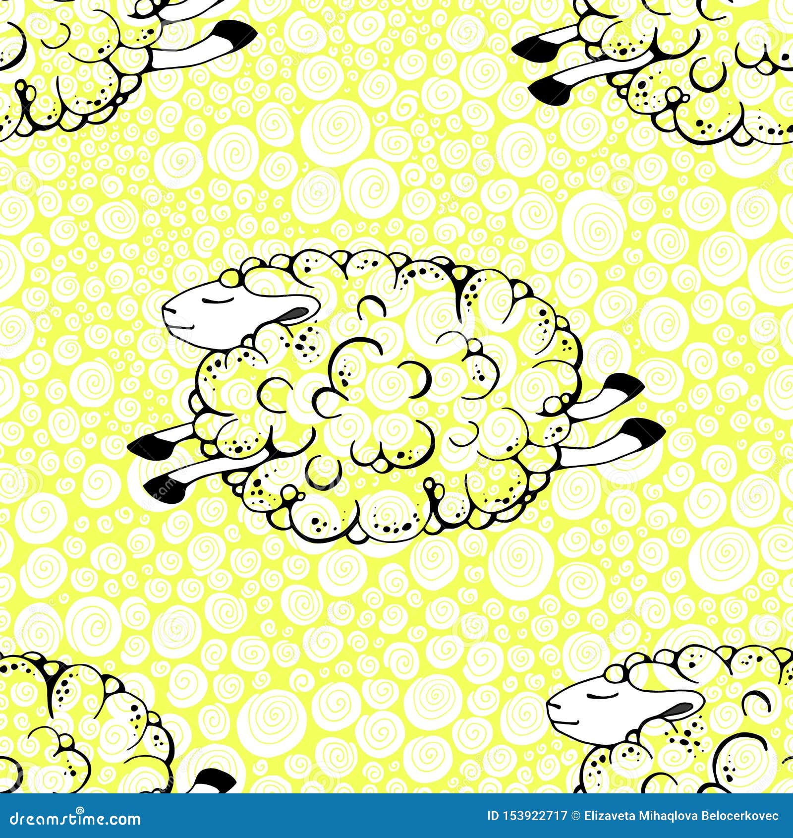 Flying Sheep on a Yellow Background with Blue Curls. Dancing Sheep ...