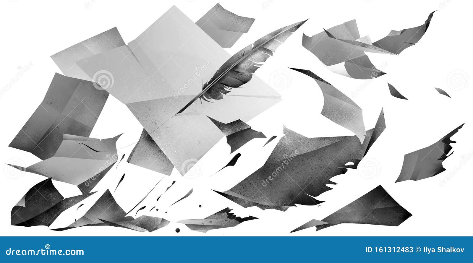 Drawn Flying Sheets Of Paper With A Feather On A White Background Stock ...