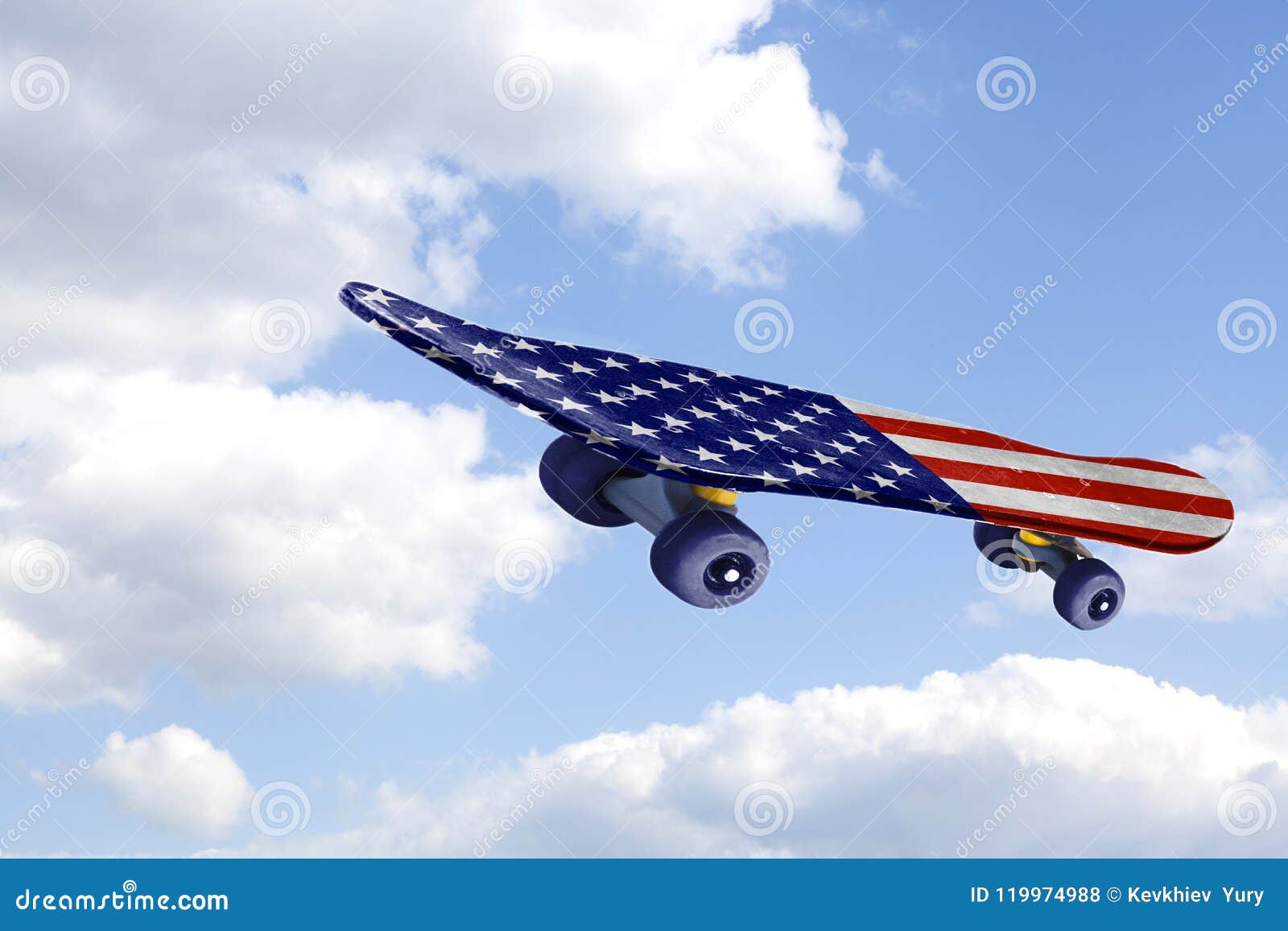 Flying Skateboard with USA Flag on Blue Sky and Clouds Stock Photo ...