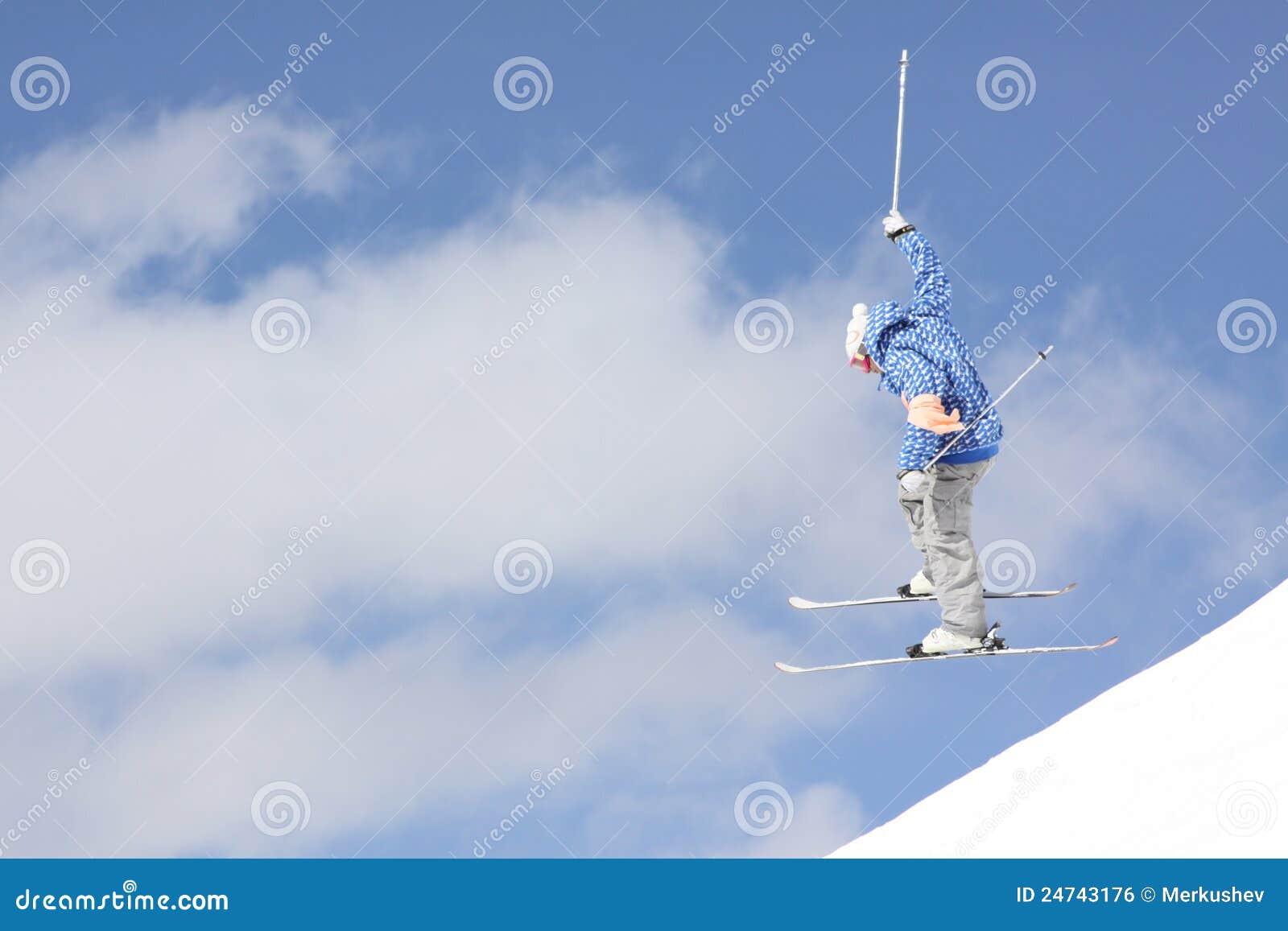Flying skier on mountains stock photo. Image of blue - 24743176