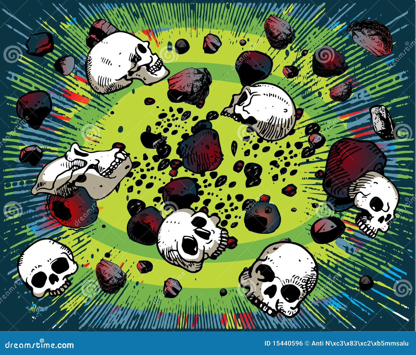Flying skulls and stones stock vector. Illustration of power - 15440596