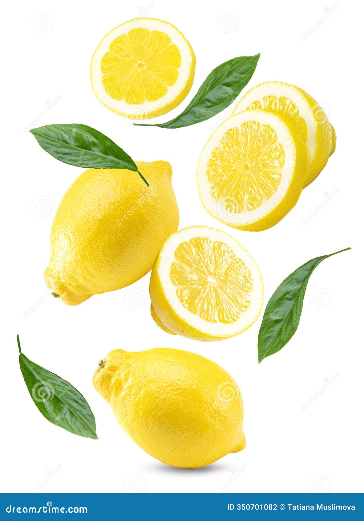 Flying Sliced Lemon with Green Leaves Isolated on White Background ...