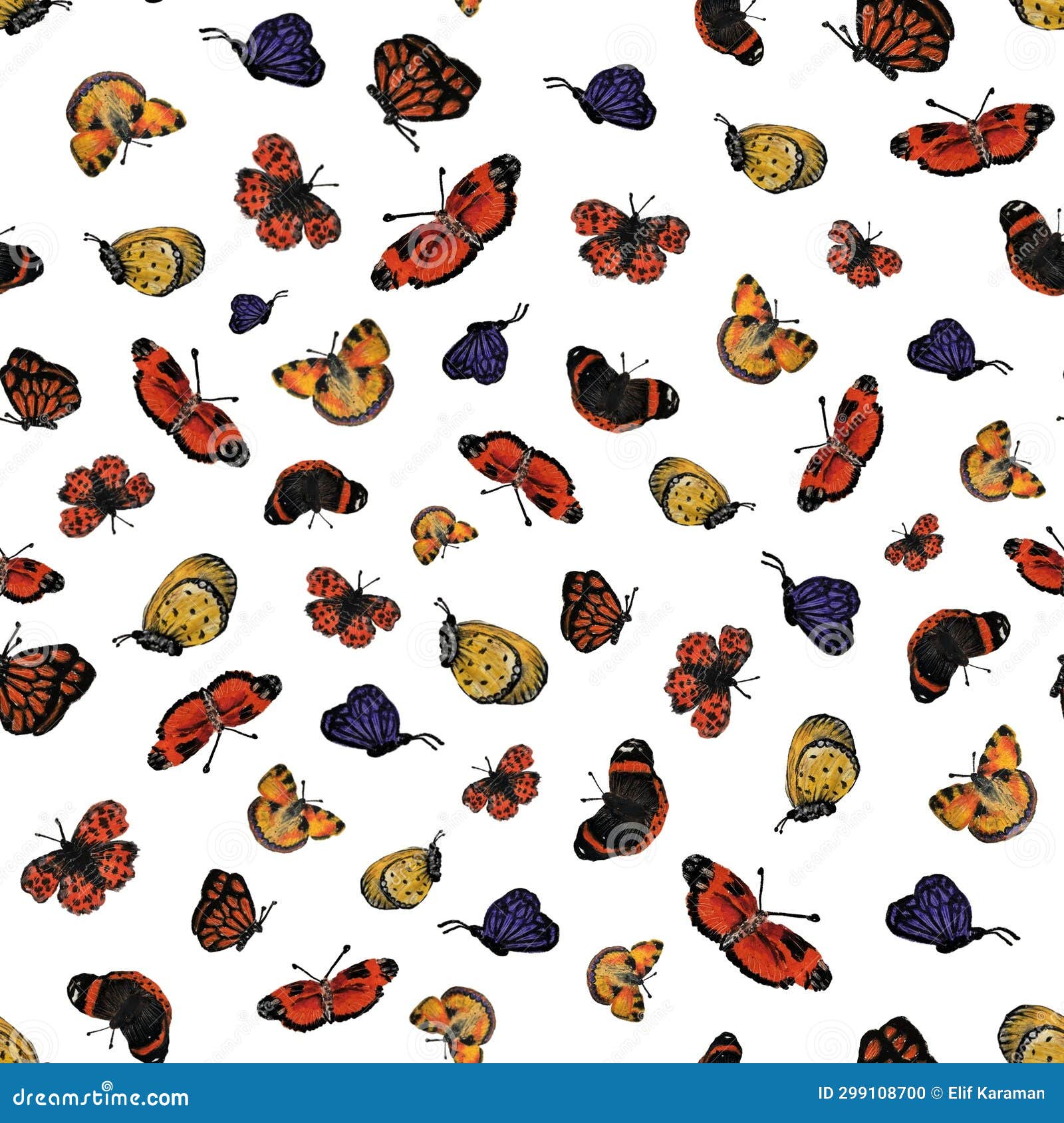 Flying Small Butterflies on White Background, Raster Seamless Pattern ...