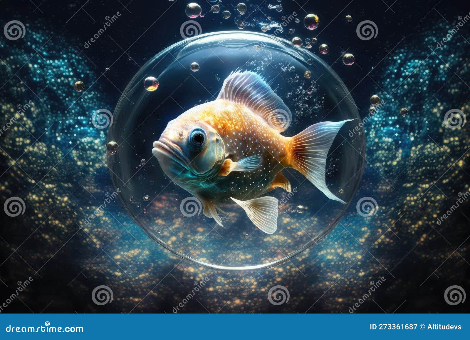 Flying through Space and Planet with Aquarium Fish in Space Stock Image ...