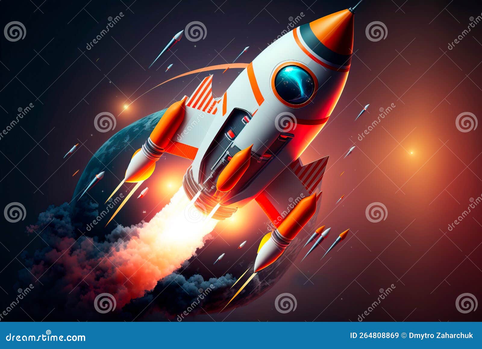 Flying Space Rocket in Space Around the Planets. Spaceship Launch Stock ...