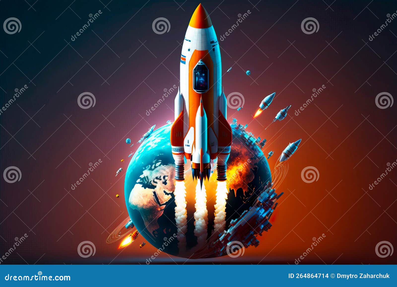 Flying Space Rocket in Space Around the Planets. Spaceship Launch Stock ...